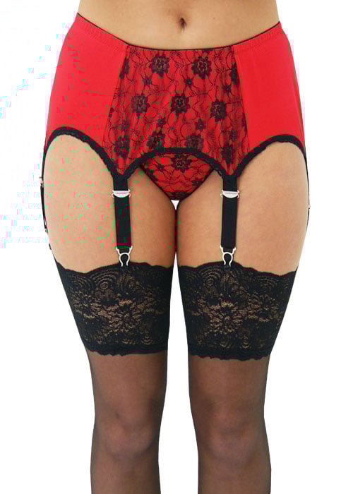 Sassy 6 Strap Lace Front Red Suspender Belt With Thong Brief Uk Tights