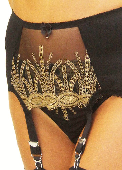 Sassy 6 Strap Black And Gold Art Deco Suspender Belt Uk Tights